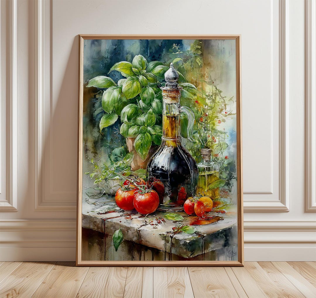 Kitchen Herb Poster, Tomato Basil Still Life Print, Mediterranean Food ...