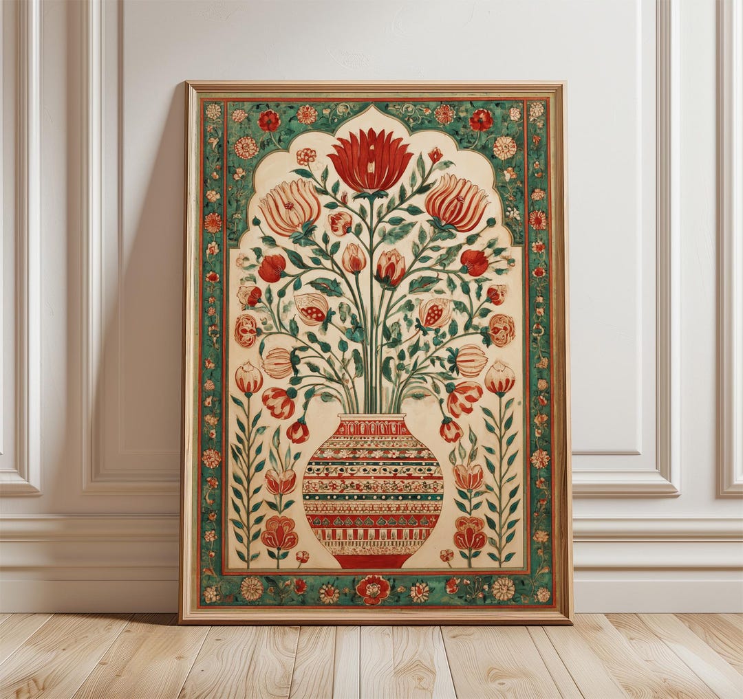 Persian Floral Wall Art, Red & Green Oriental Vase Poster, Middle ...