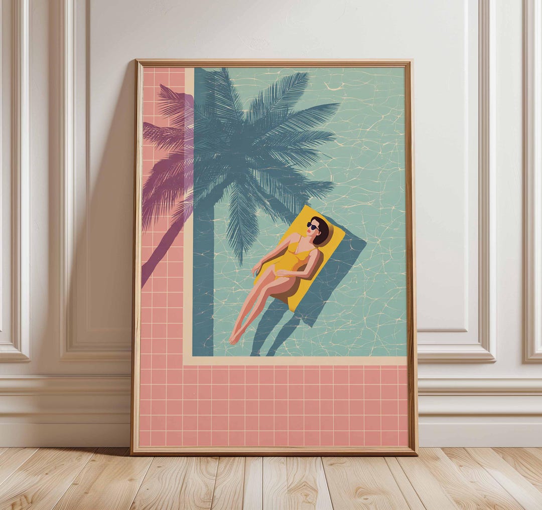 Retro Poolside Poster, Summer Palm Tree Wall Art, Mid Century Modern ...