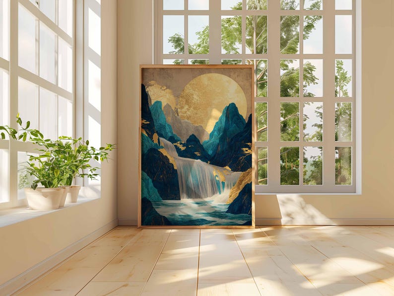 Golden Waterfall Poster, Japanese Landscape Wall Art, Blue Gold ...