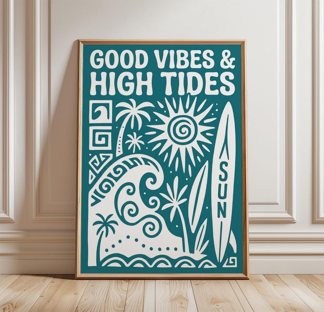 Teal Beach Poster Print, Coastal Surf Wall Art With Sun Waves and ...