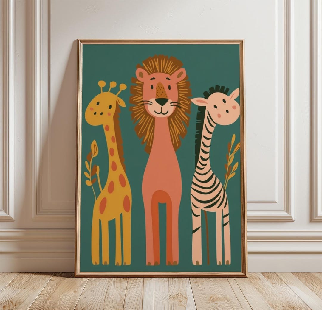 Safari Animals Poster | Kids Jungle Wall Art | Lion Giraffe Zebra Print ...