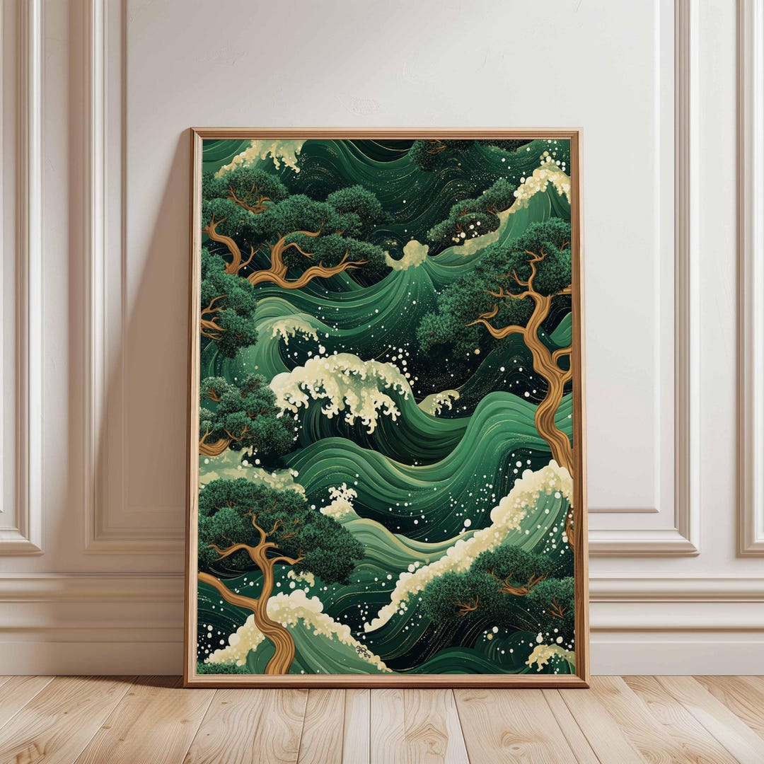 Japanese Wave Forest Poster, Green Abstract Nature Print, Zen Wall Art ...