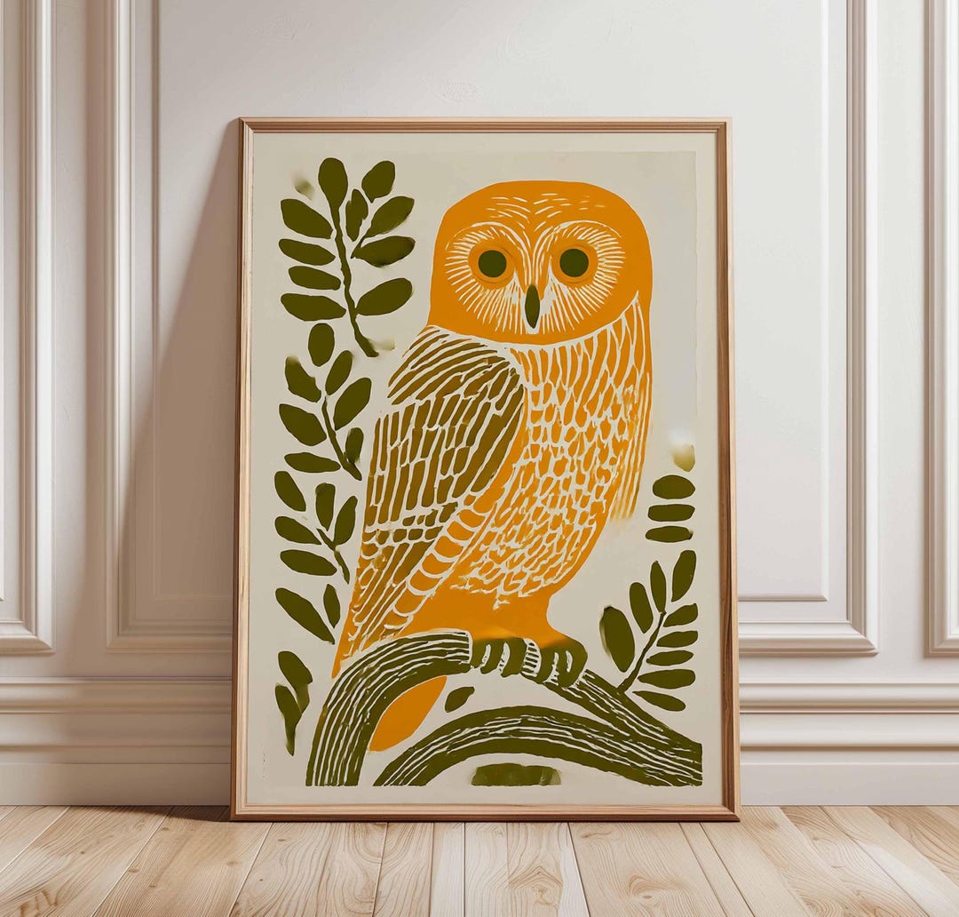 Orange Owl Wall Art, Woodland Animal Poster, Mid Century Folk Art Print ...