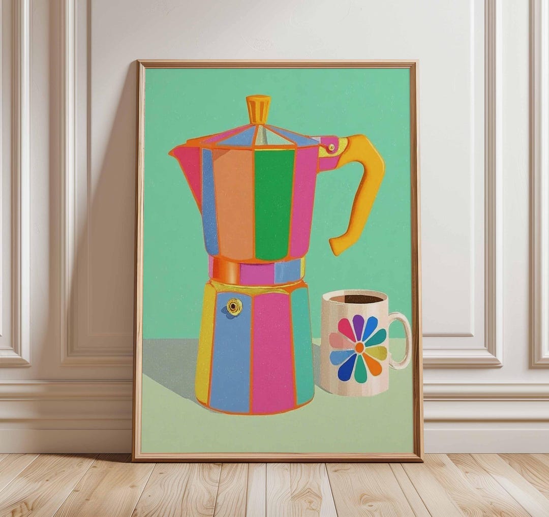 Colorful Coffee Pot Wall Art Print, Retro Kitchen Poster, Vibrant Pop ...