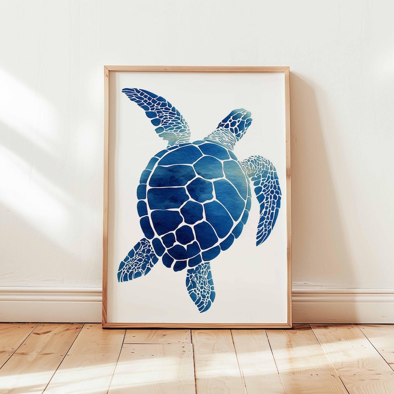 Blue Sea Turtle Wall Art Coastal Ocean Animal Print Nautical Beach ...