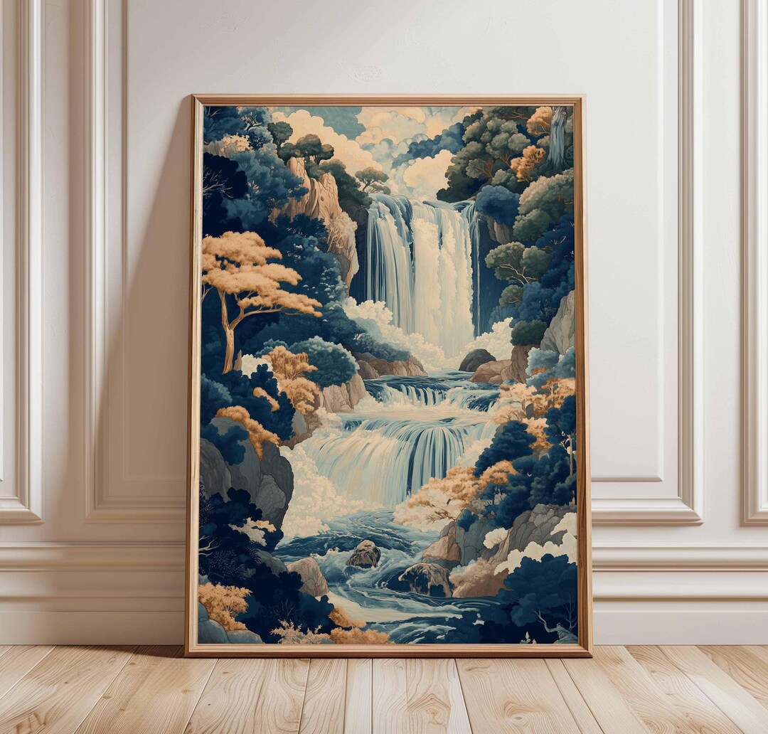 Waterfall Landscape Poster, Mountain Waterfall Art, Scenic Nature Print ...