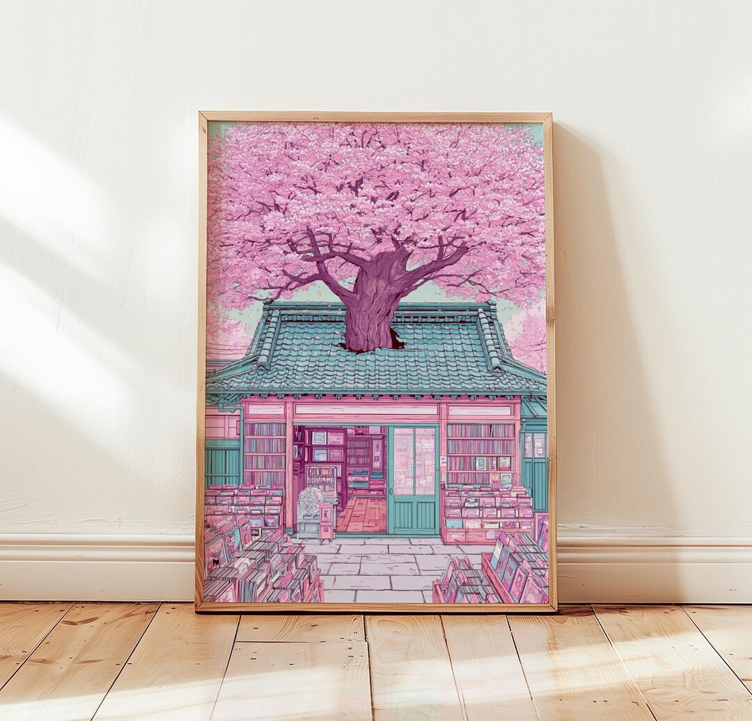 Japanese Sakura Bookshop Poster, Pink Anime Wall Art, Kyoto Print - Etsy