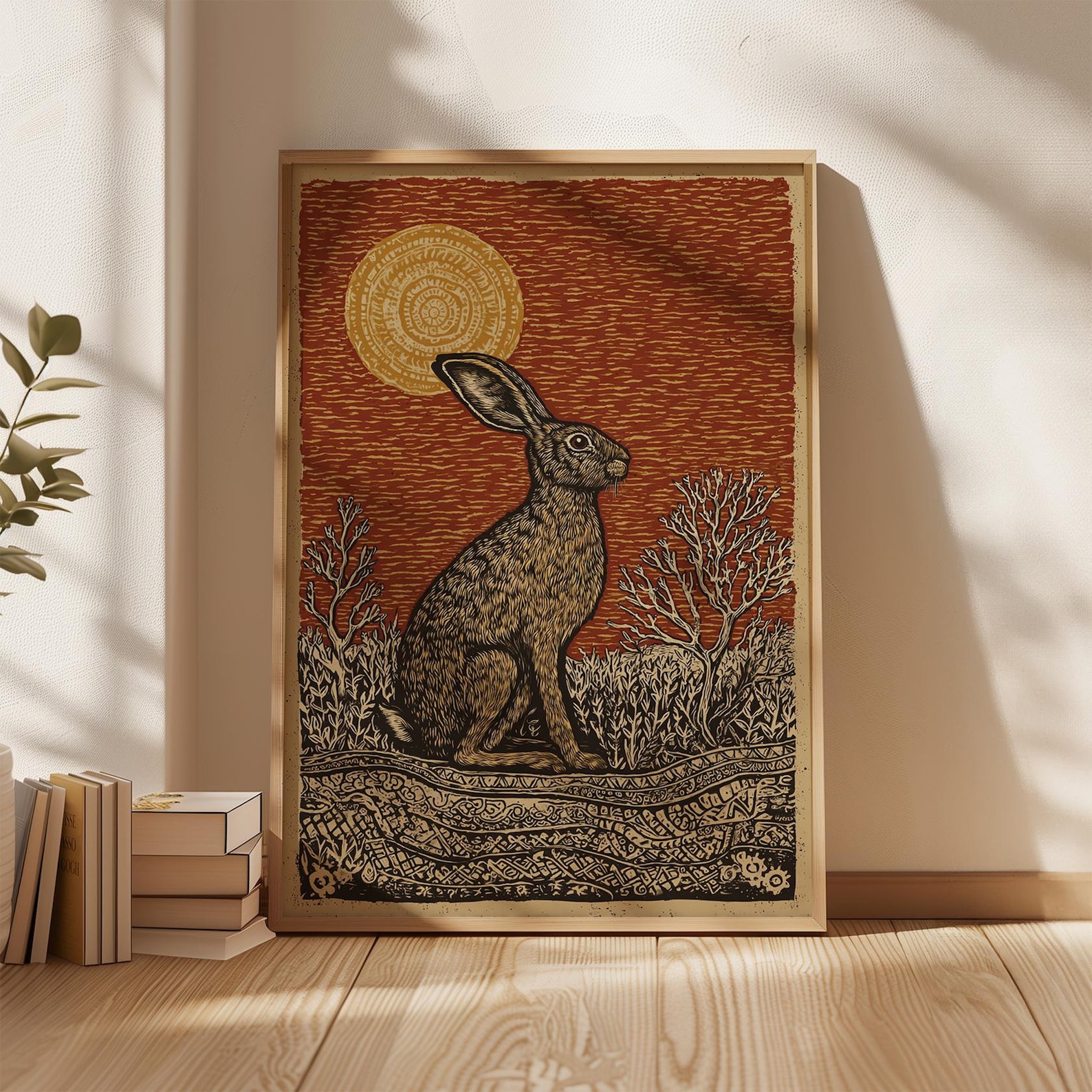 Hare Poster, Rustic Woodland Animal Art Print in Folk Illustration ...