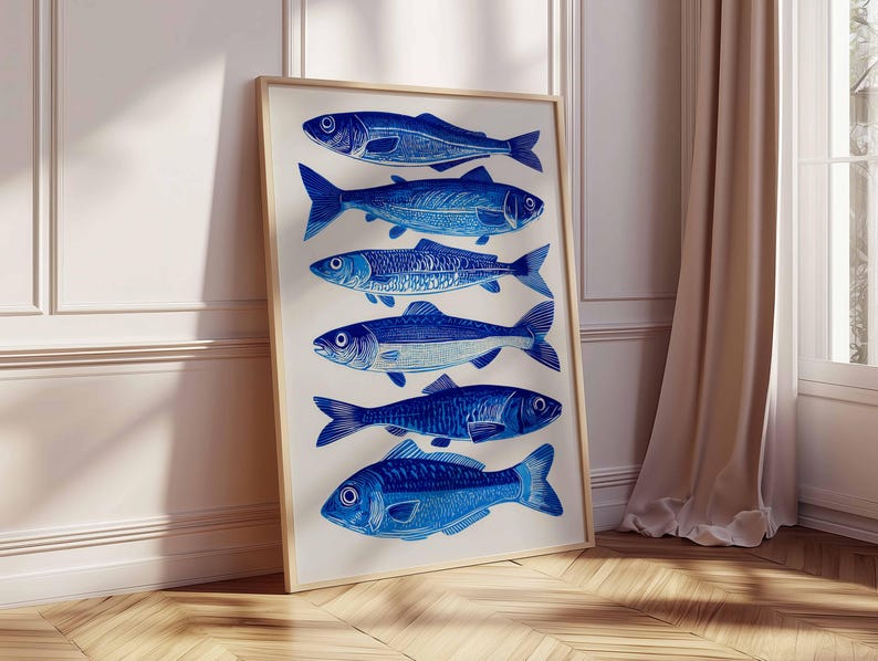 Blue Fish Print – Coastal Wall Art for Kitchen or Bathroom, Nautical ...