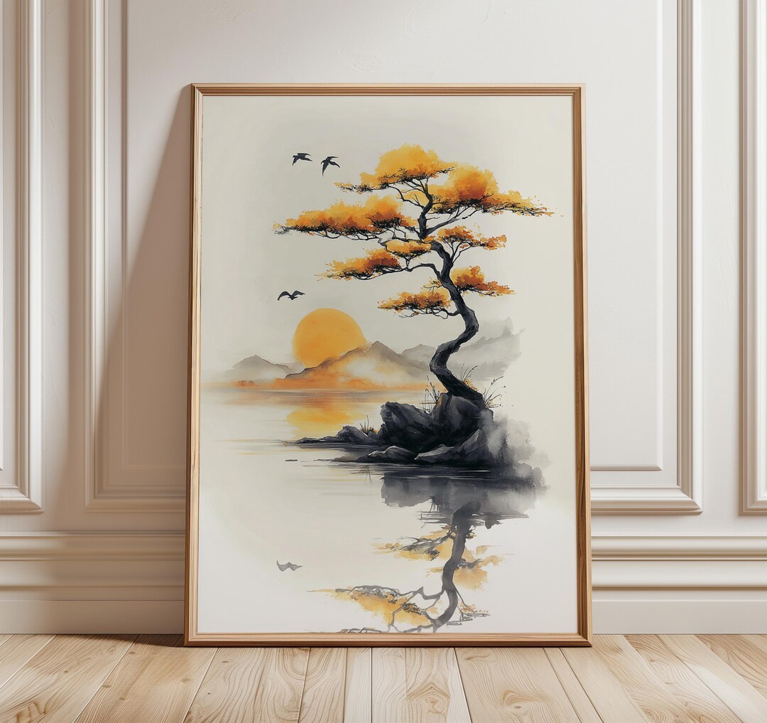 Japanese Tree Poster, Minimalist Watercolor Wall Art, Zen Sunset ...