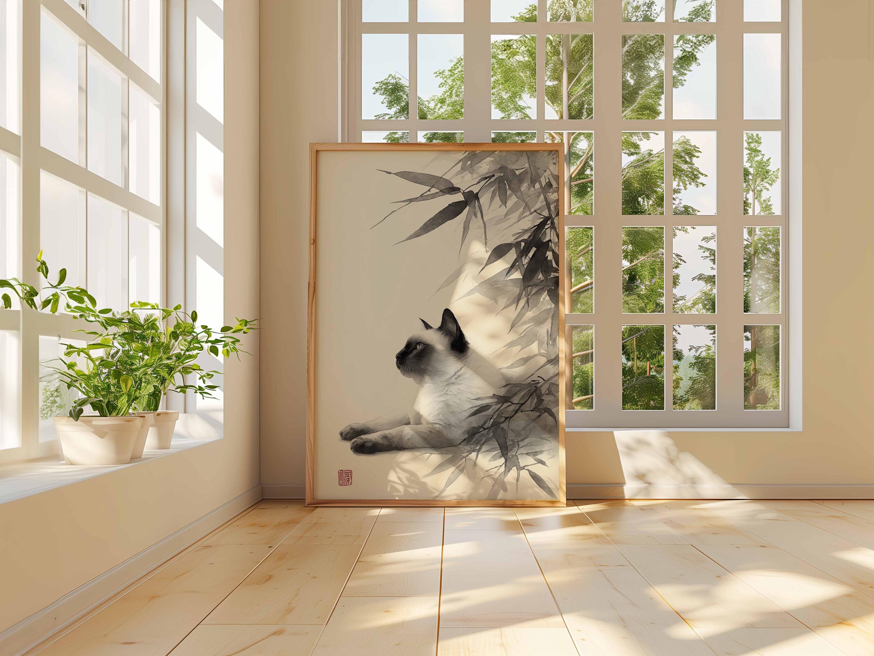 Siamese Cat Poster, Japanese Cat Wall Art, Bamboo Ink Painting, Zen ...