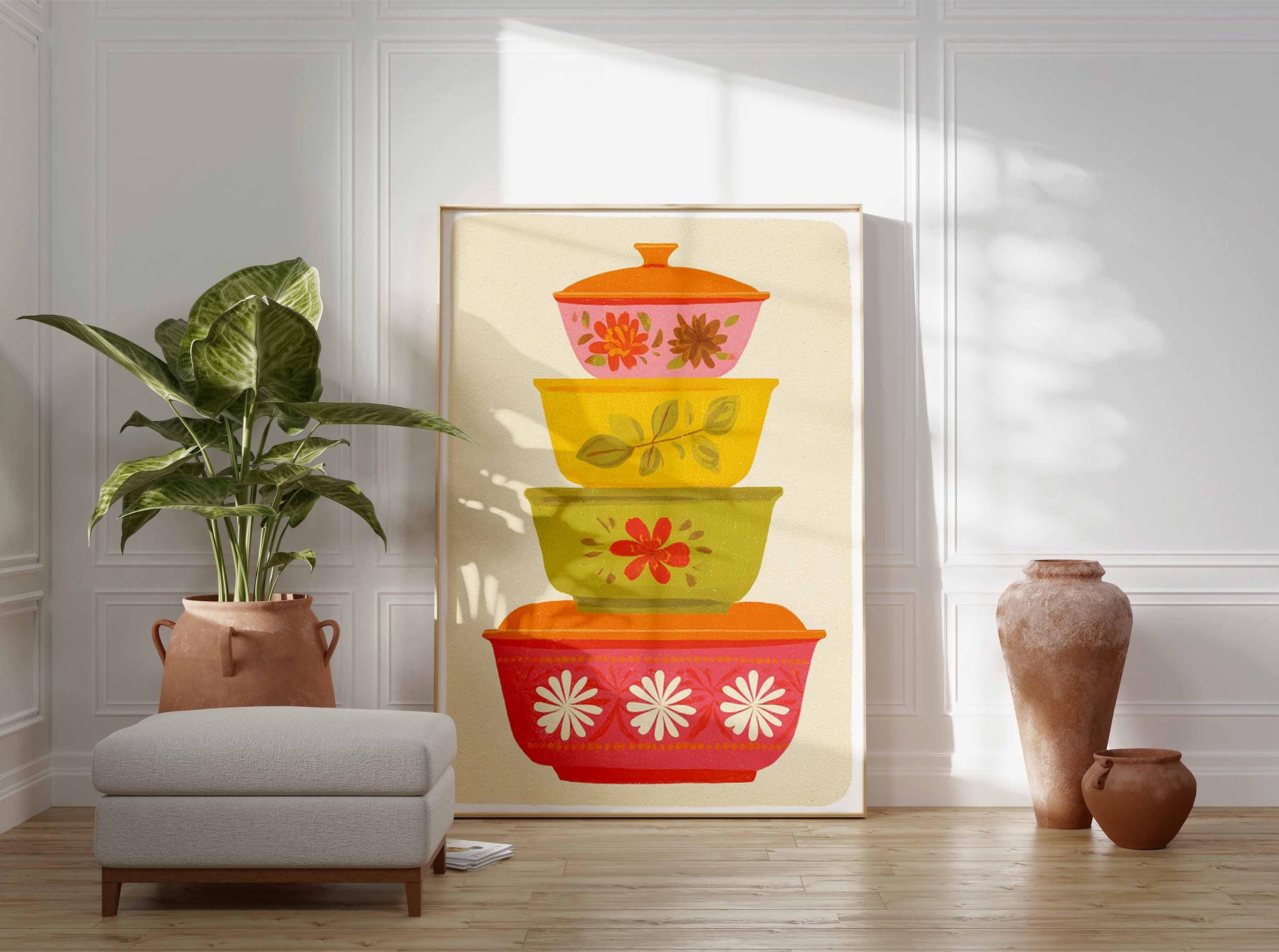 Retro Pyrex Poster, Mid Century Kitchen Wall Art, Vintage Bowl Stack ...