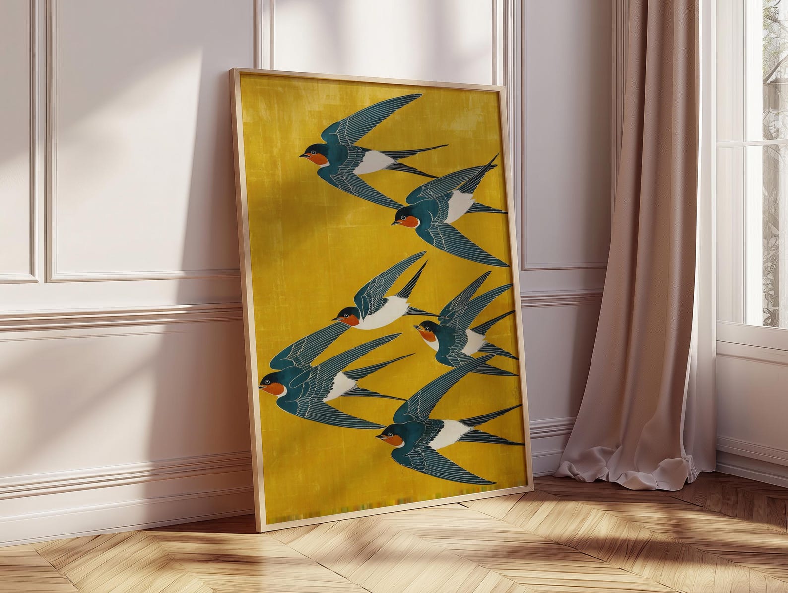 Swallow Birds Poster, Japanese Art Print, Yellow and Blue Wall Art ...