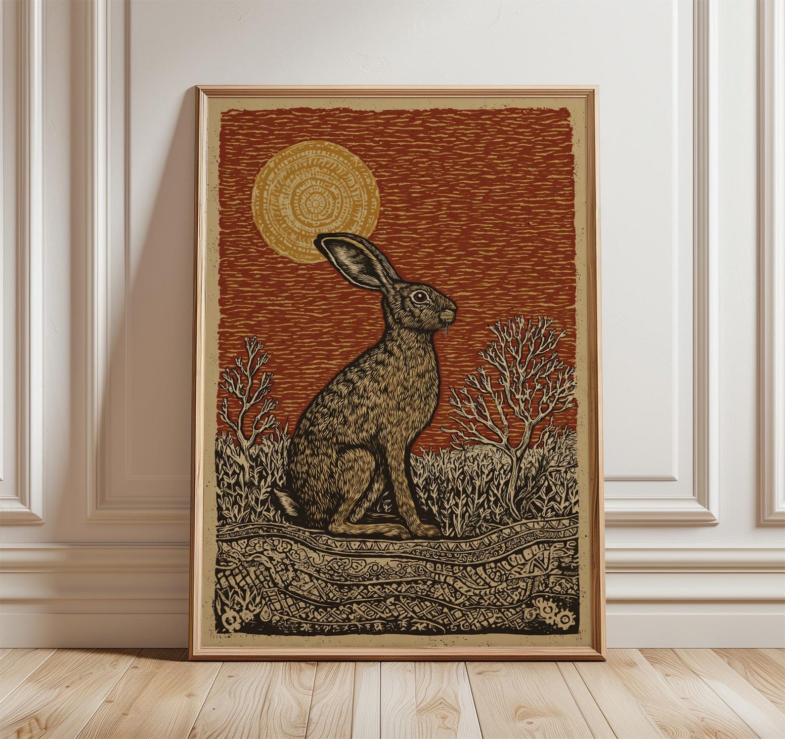 Hare Poster, Rustic Woodland Animal Art Print in Folk Illustration ...