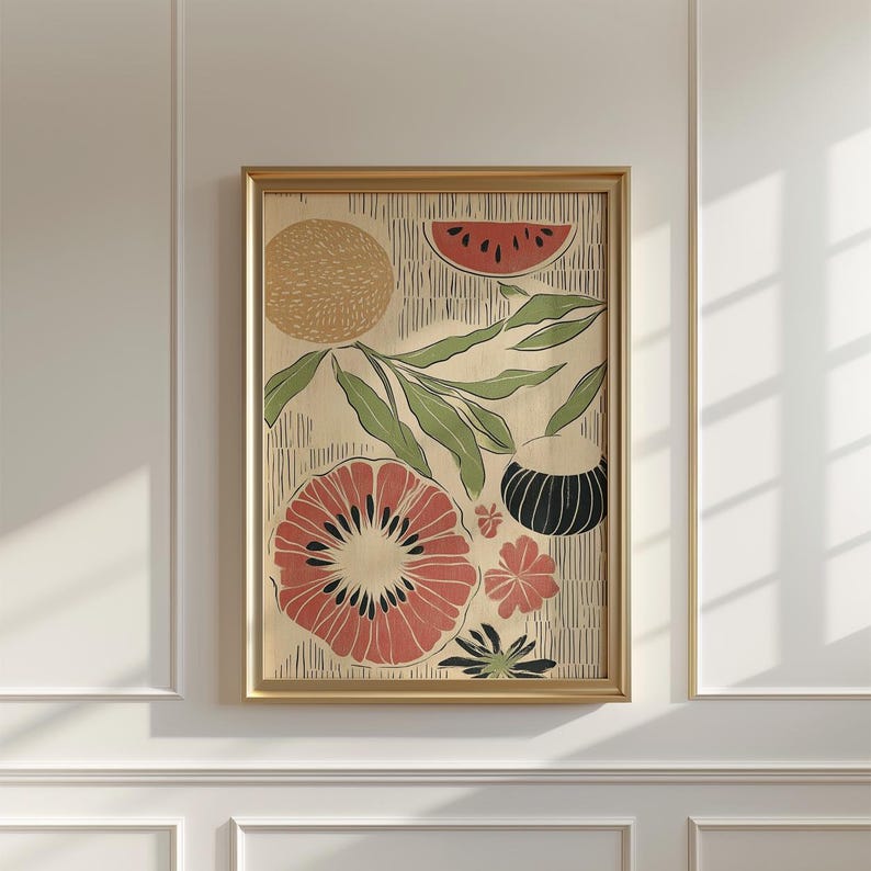 Botanical Fruit Poster, Neutral Tropical Wall Art, Mediterranean Folk ...