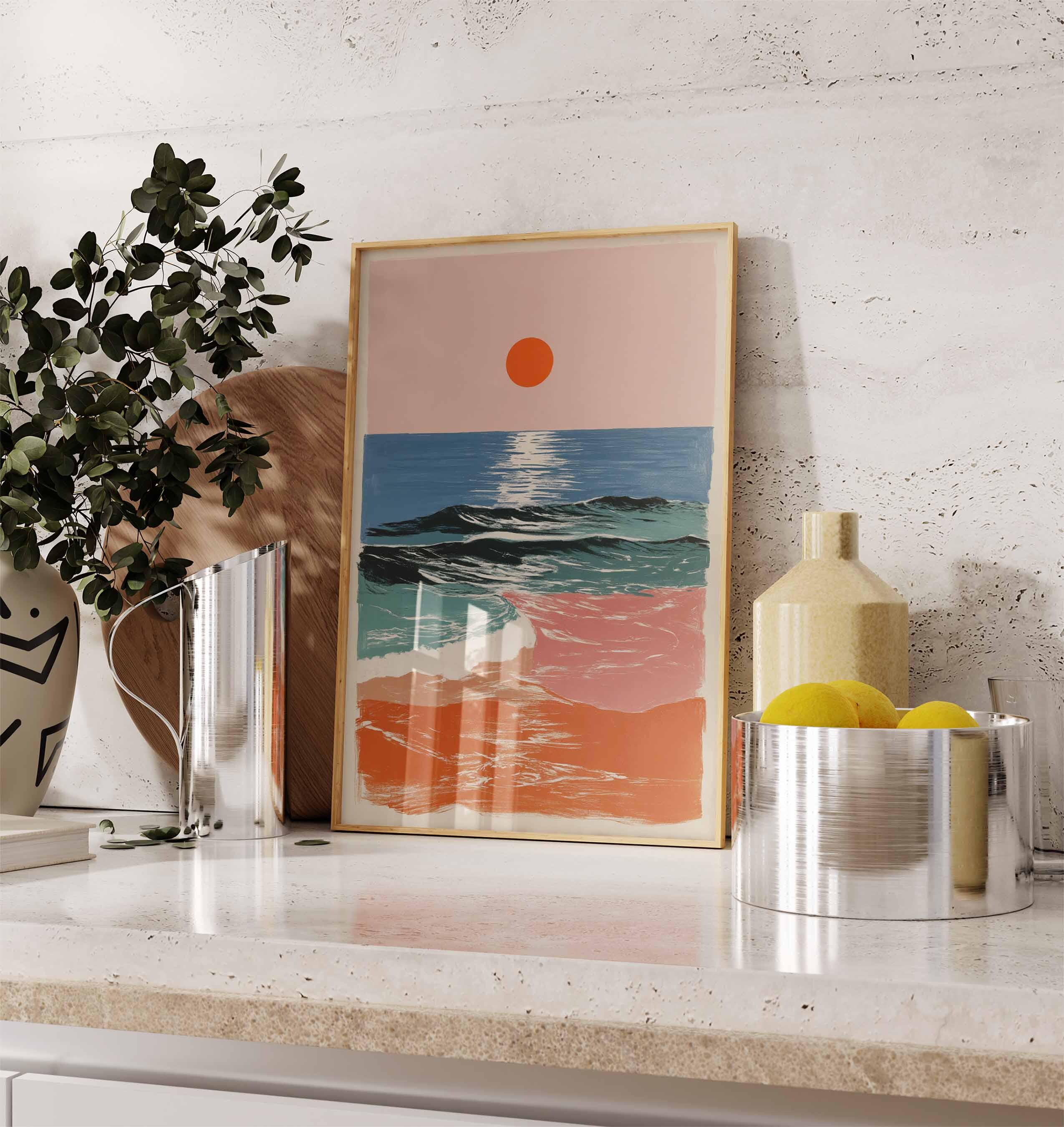 Retro Sunset Ocean Waves Poster – Abstract Coastal Wall Art, Modern ...