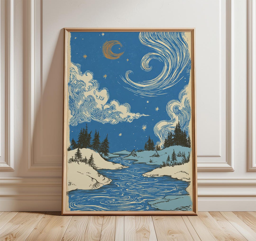 Night Sky Wall Art Print | Moon and Stars Landscape Illustration ...