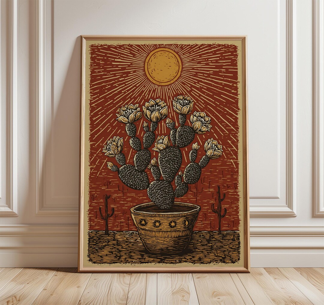 Cactus Sunburst Poster, Desert Floral Art Print, Southwestern Botanical ...