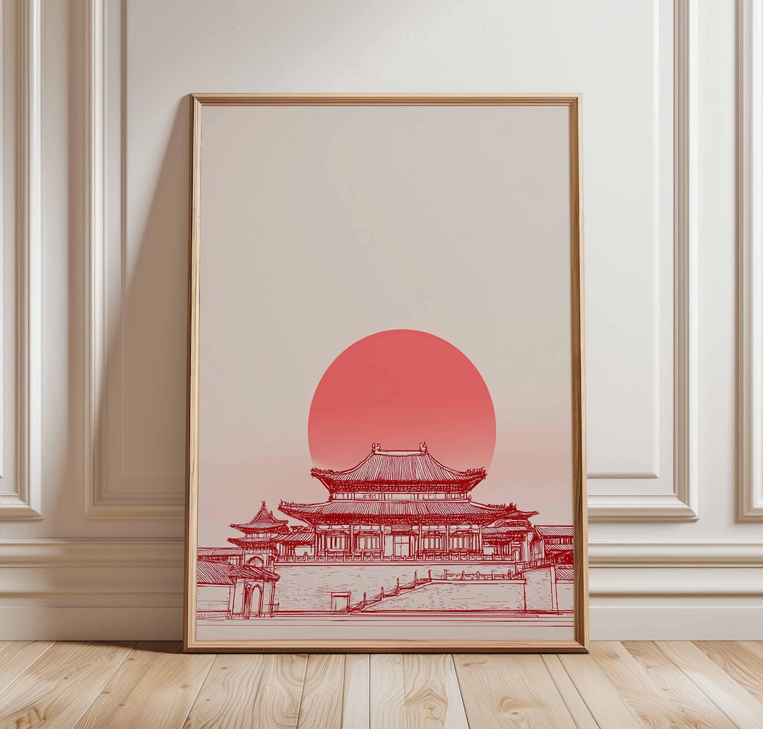 Asian Temple Poster Print, Red Sun Minimalist Wall Art, Japanese ...