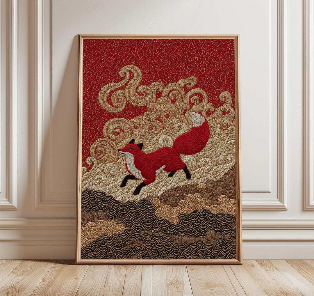Red Fox Poster, Japanese Art Print, Gold and Black Patterned Wall Art ...