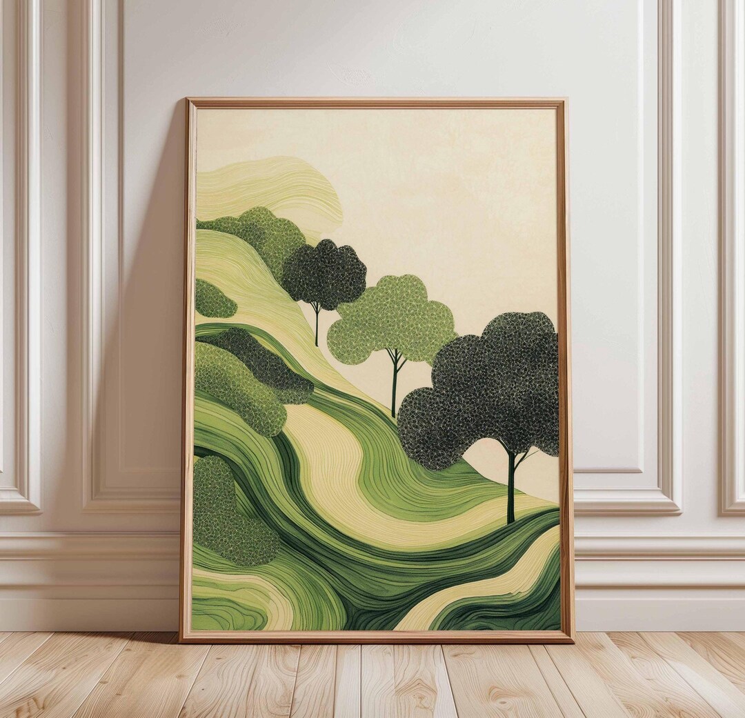 Green Abstract Landscape Poster, Modern Nature Art Print, Rolling Hills ...