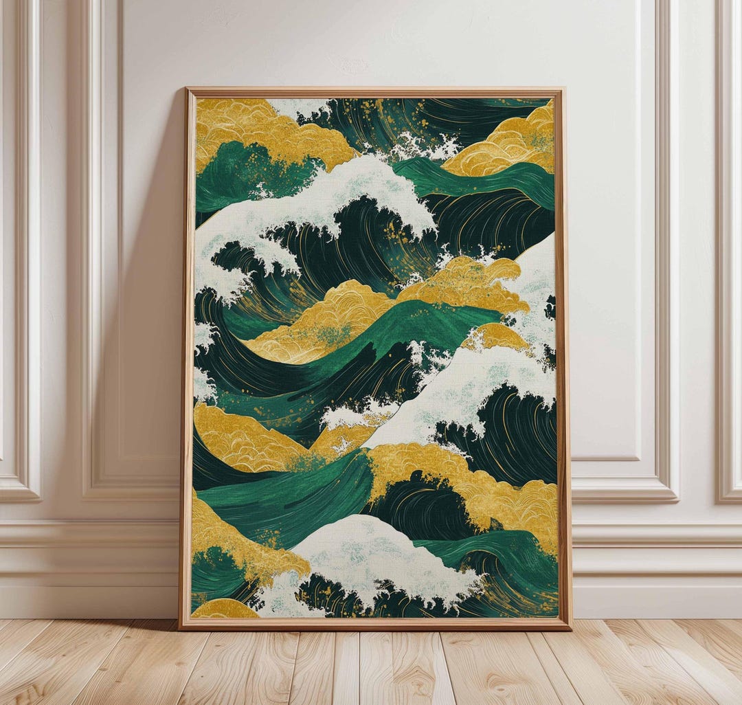 Japanese Wave Art Print, Golden Waves Wall Poster, Green Ocean Art ...