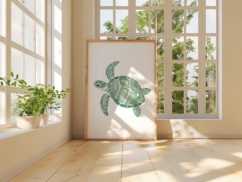 Sea Turtle Poster, Minimal Ocean Animal Wall Art Print, Green Marine ...