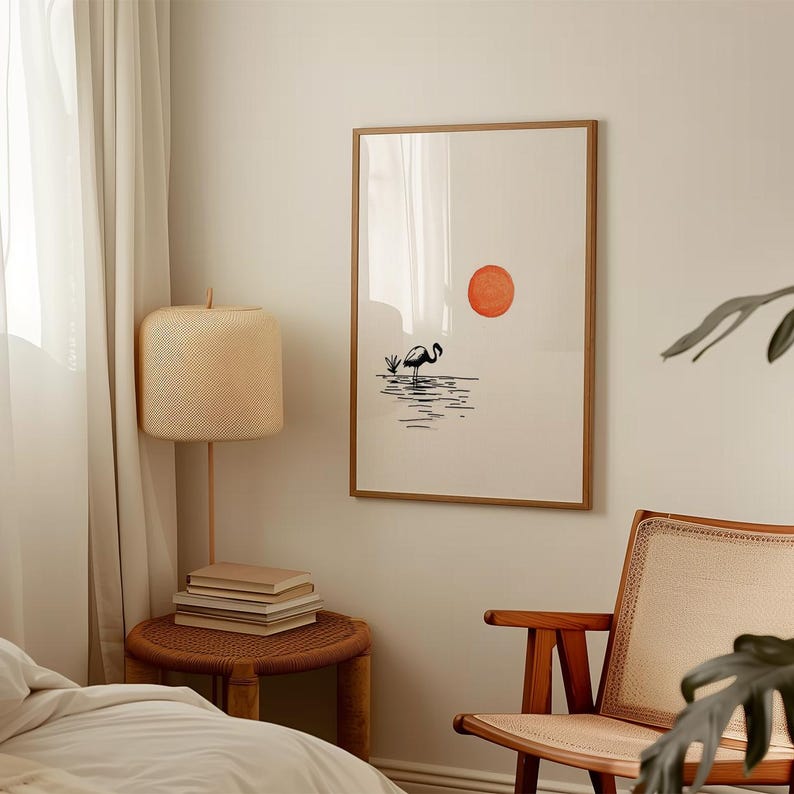 Japanese Crane Poster | Minimal Ink Line Art Print | Red Sun Wall Decor ...