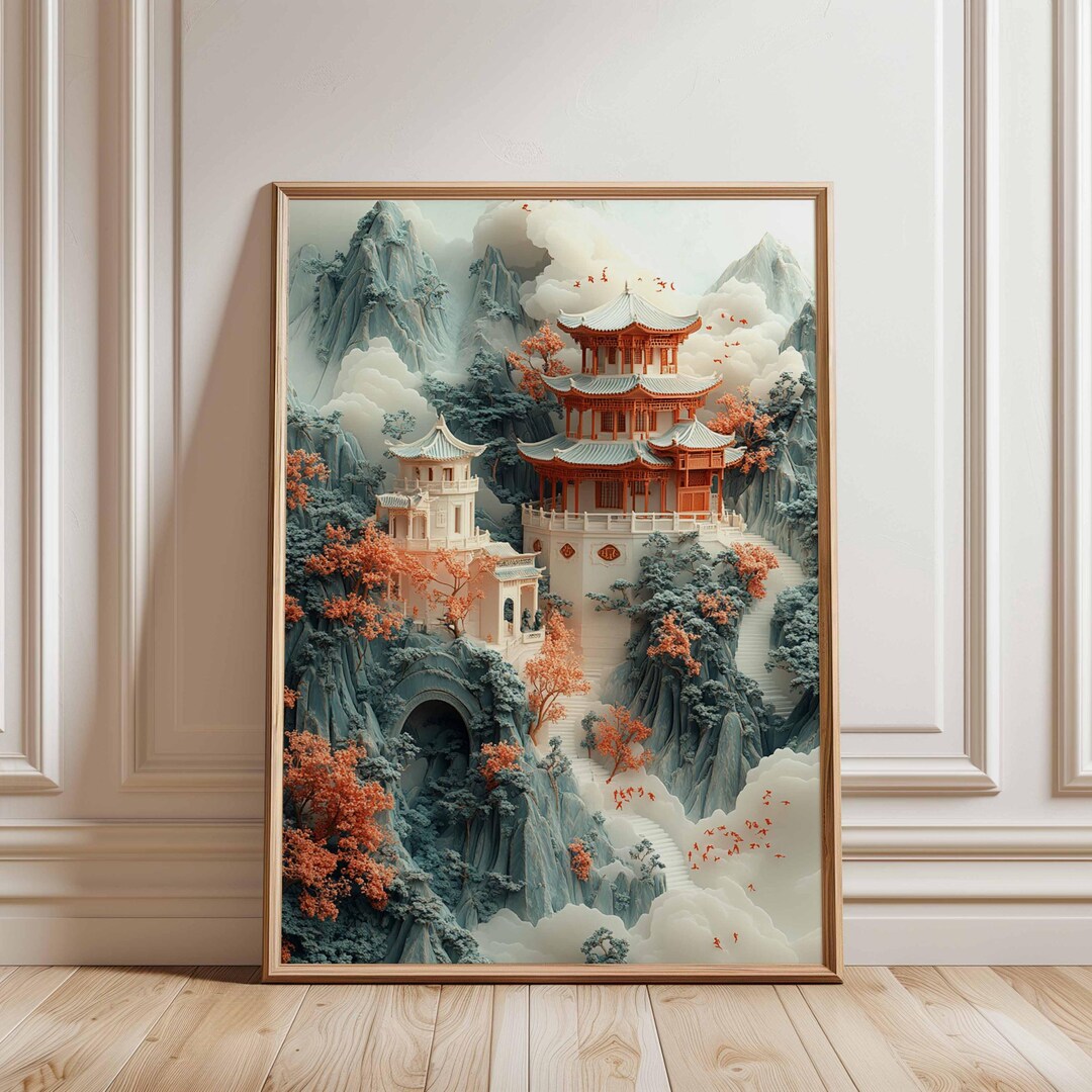 Ancient Temple in Clouds Poster, Oriental Landscape Wall Art, Red ...