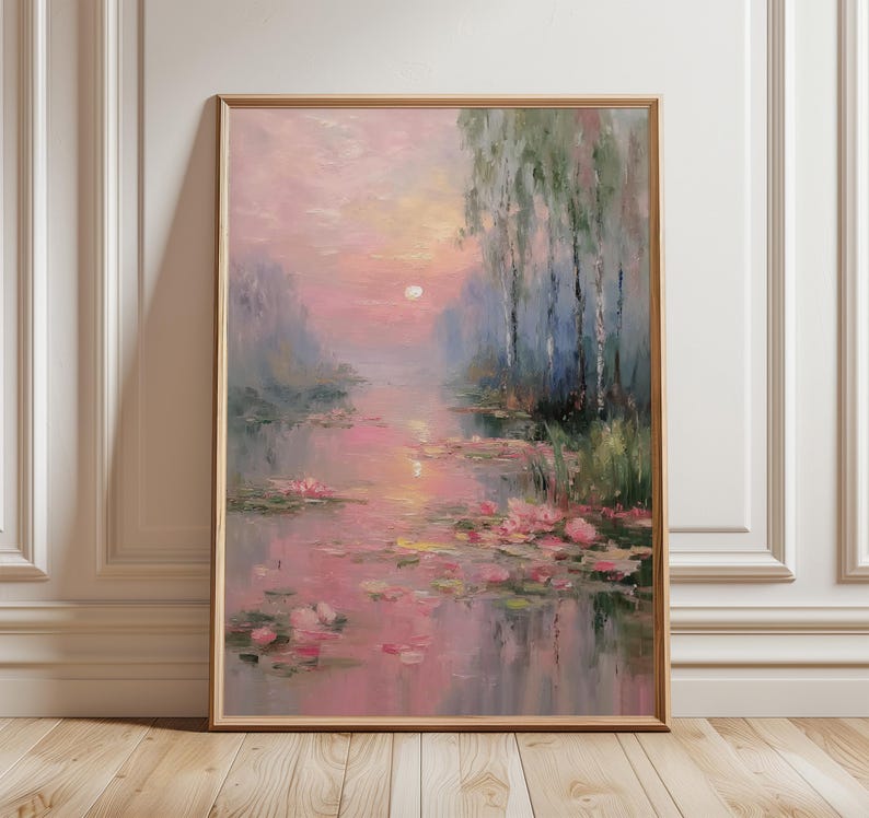 Pink Sunset Landscape Poster, Impressionist Wall Art, Serene Lake ...