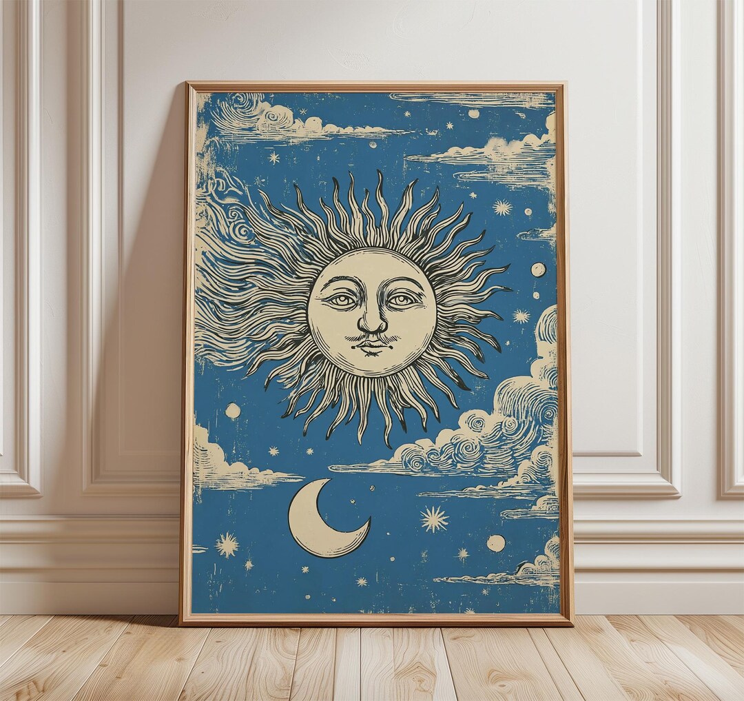 Celestial Sun Poster, Vintage Cosmic Illustration Print, Blue Sky Wall ...