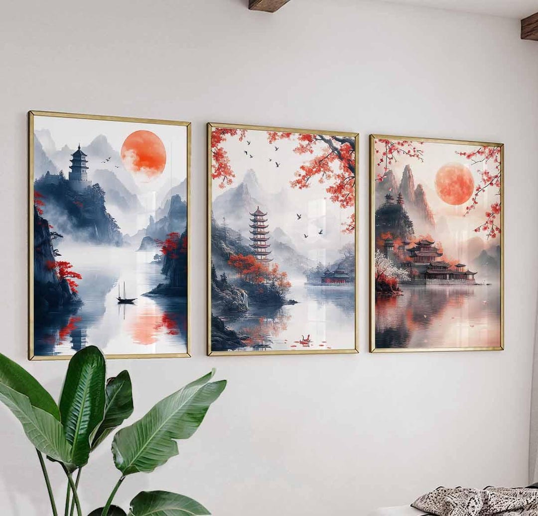 Chinese Red Landscape Poster Set, Traditional Art, Sunset & Moon Prints ...