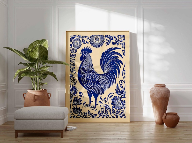 French Country Farmhouse Rooster Art Print, Folk Art Style, Rustic Blue ...