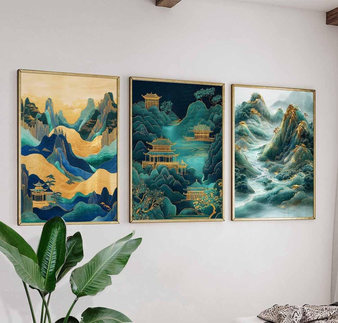 Chinese Mountain Landscape Poster Set, Traditional East Asian Art, Gold ...