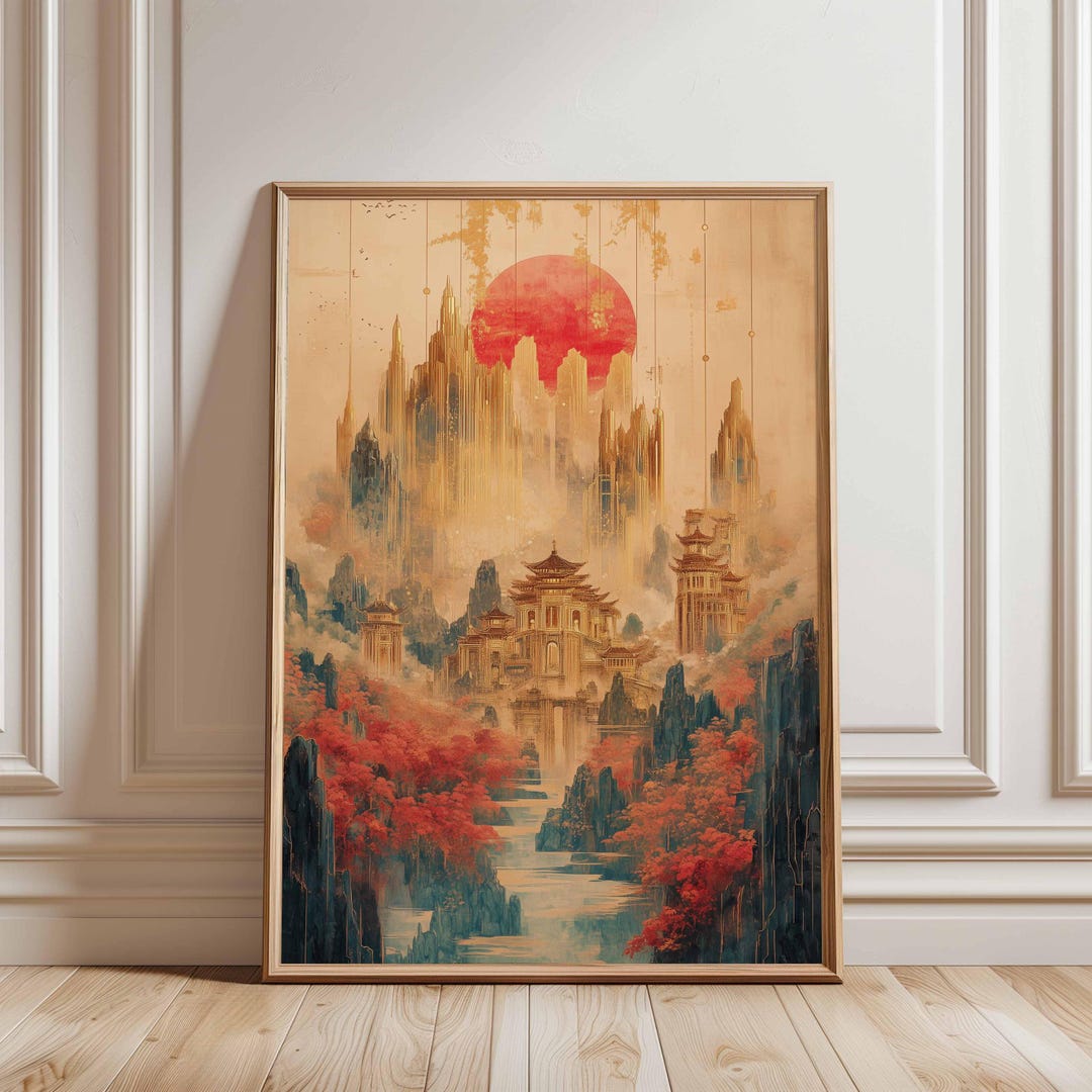 Ancient Temple Landscape Poster, Red Sun Japanese Style Wall Art ...