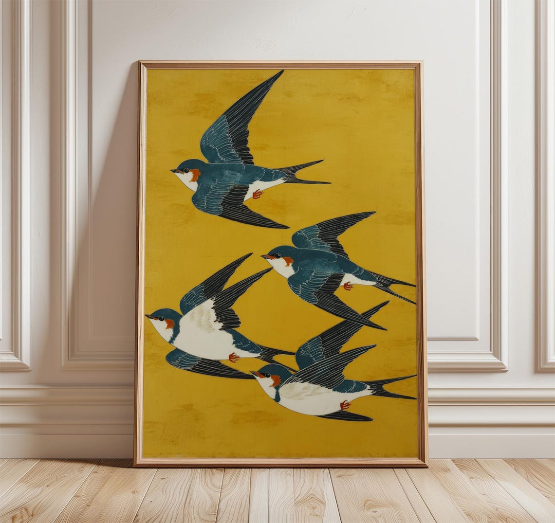 Swallow Birds Poster, Japanese Art Print, Yellow and Blue Wall Art - Etsy