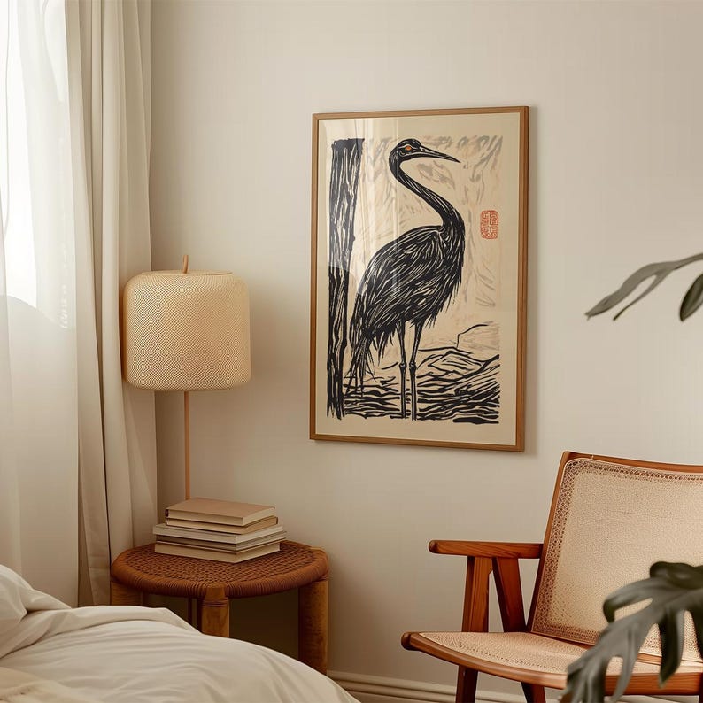 Japanese Crane Poster | Red Sun Wall Art | Minimal Asian Landscape ...