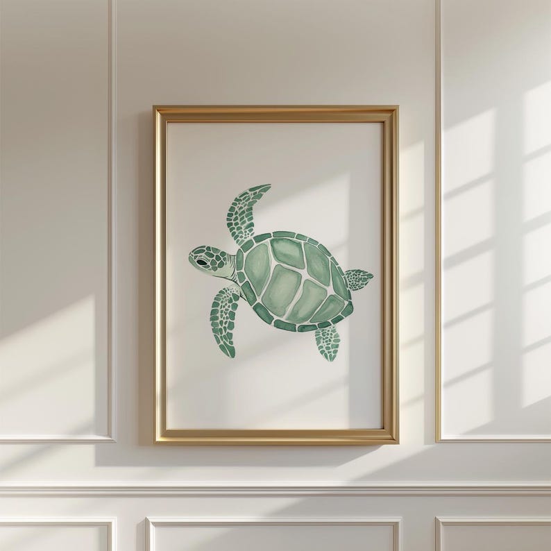 Sea Turtle Poster, Minimal Ocean Animal Wall Art Print, Green Marine ...