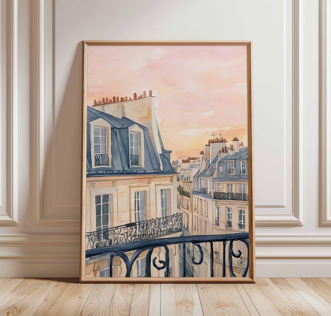 Paris Rooftop Sunset Poster, Romantic French Balcony Wall Art ...