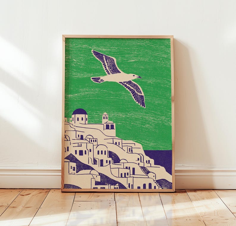 Blue Green Coastal Wall Art Poster Seagull Ocean Cliff Illustration ...