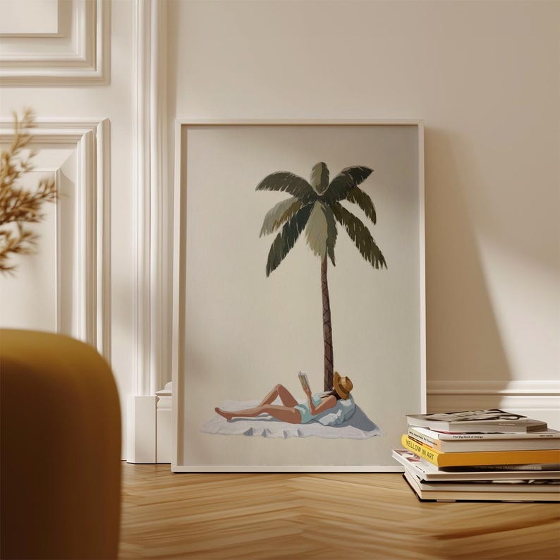 Minimal Beach Poster | Palm Tree Relaxing Woman Print | Coastal Summer ...
