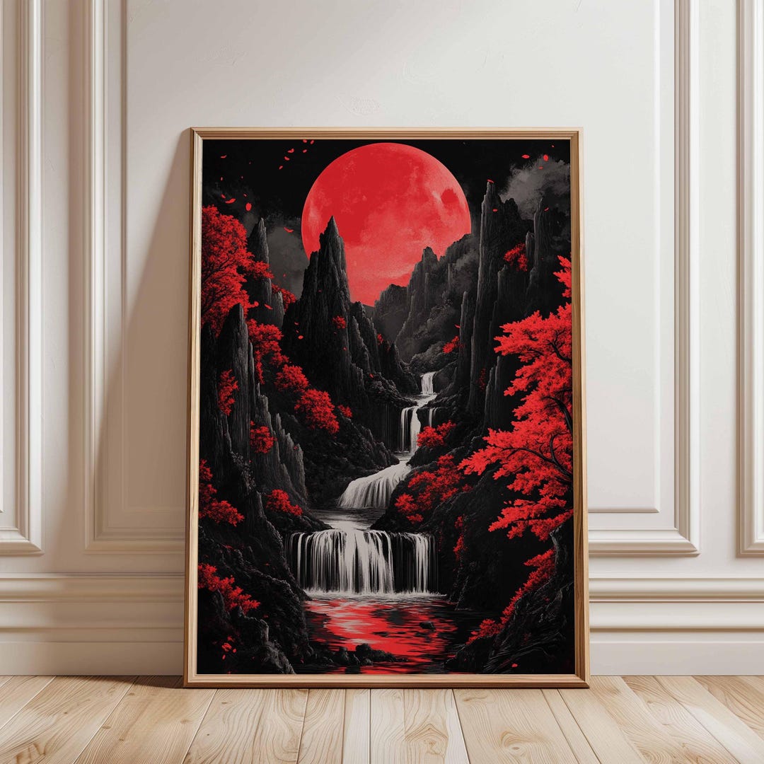 Red Moon Waterfall Landscape Poster | Dark Mountain Wall Art | Dramatic ...