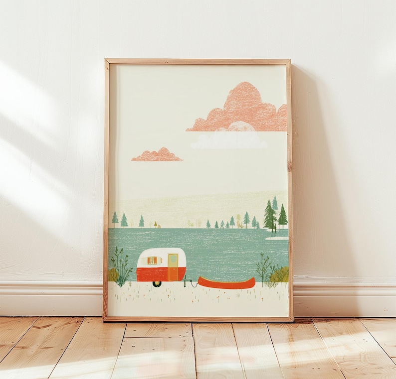 Lake Camper Poster, Retro Camping Wall Art, Scandinavian Nature Print ...