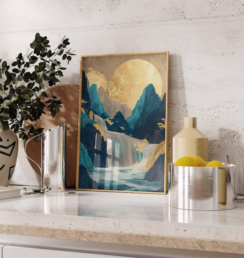 Golden Waterfall Poster, Japanese Landscape Wall Art, Blue Gold ...