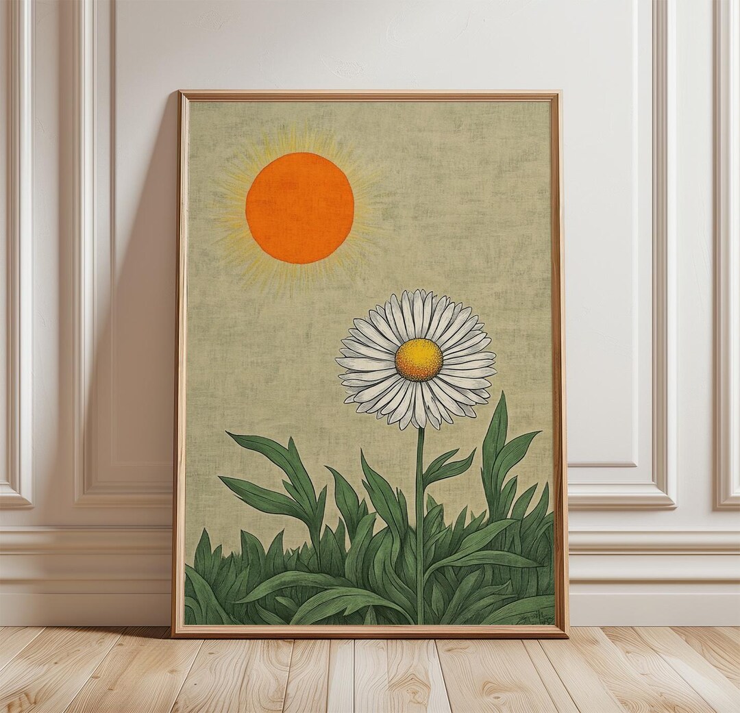 Minimal Daisy Flower Poster Print | Retro Botanical Wall Art | Sun and ...