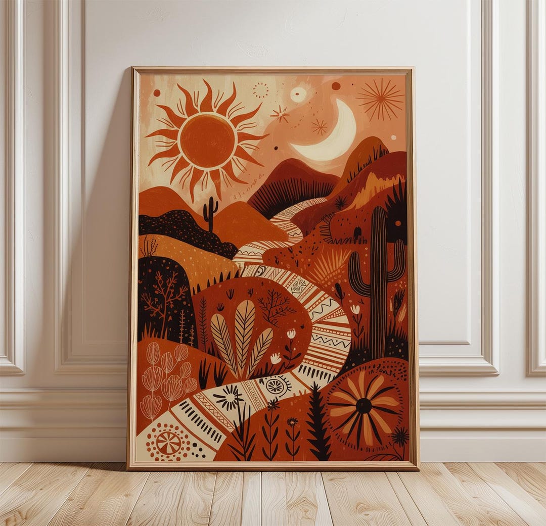 Desert Folk Landscape Poster | Warm Boho Wall Art | Southwestern Nature ...