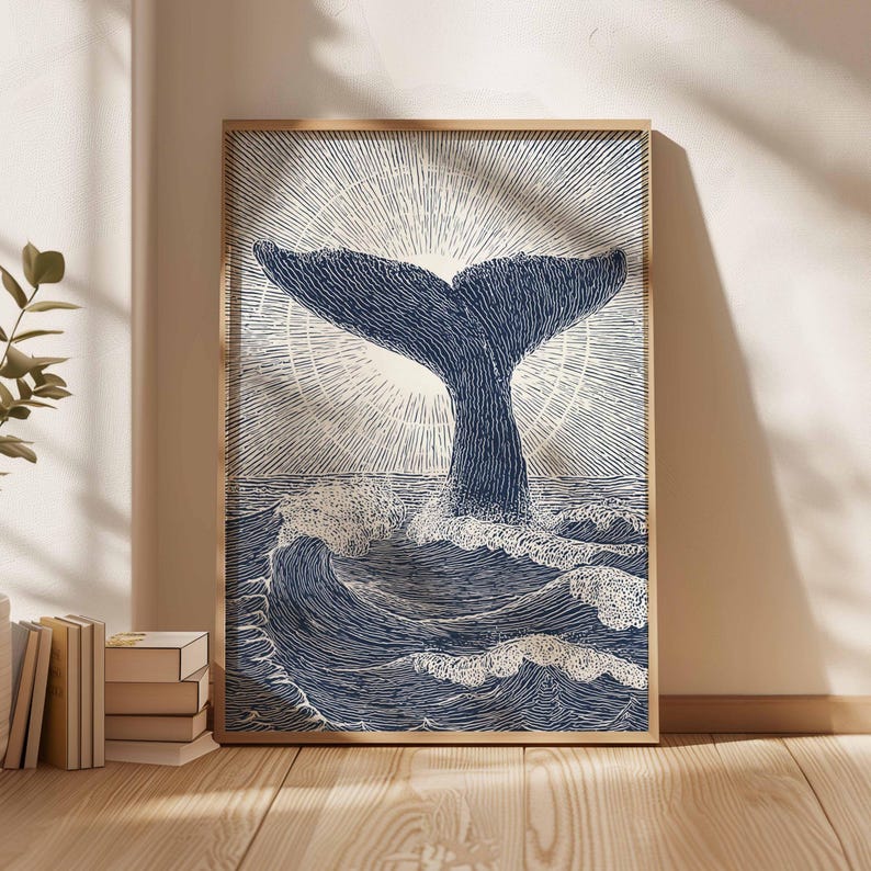 Whale Tail Poster, Ocean Wave Wall Art, Nautical Line Art Print ...