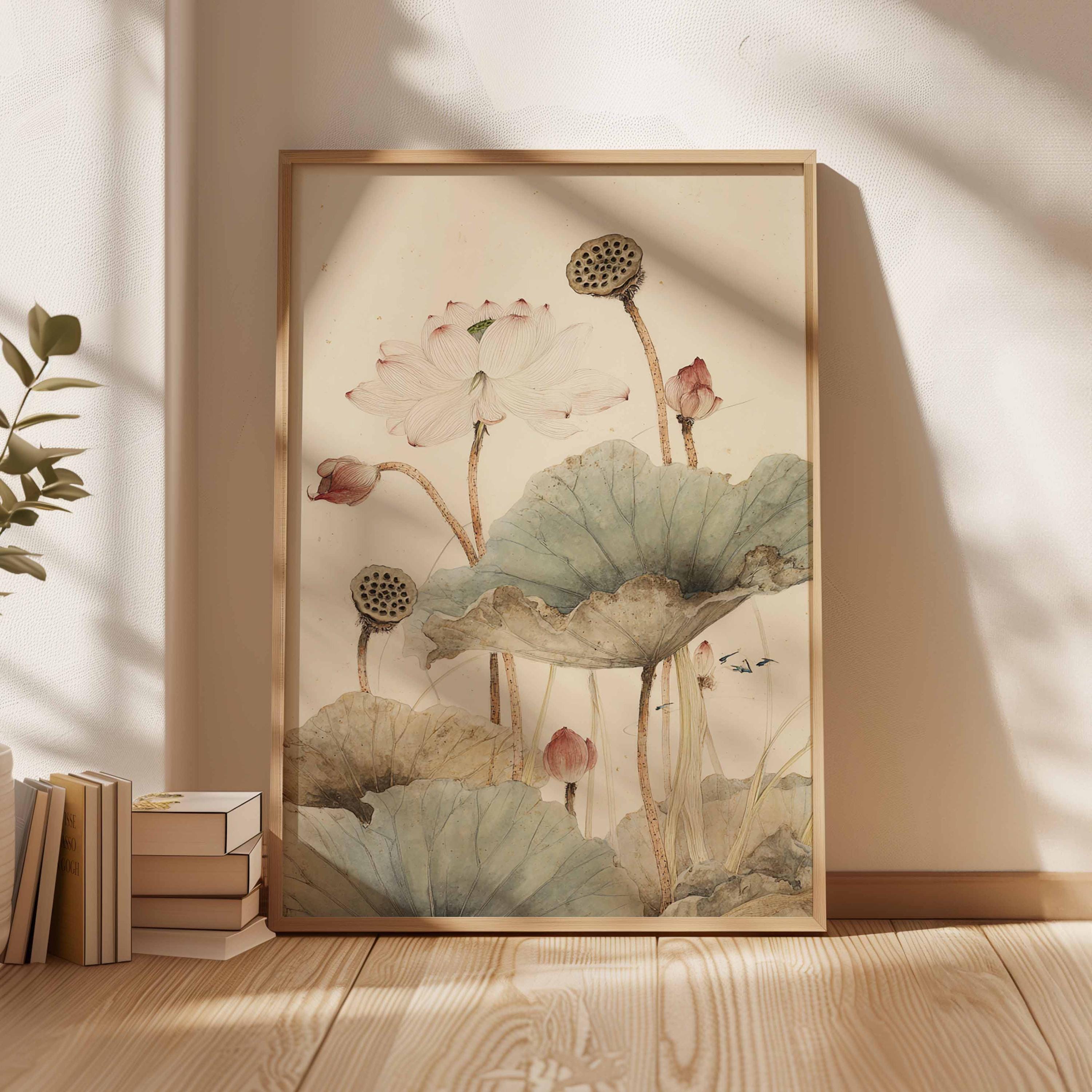 Lotus Flower Botanical Poster – Vintage Asian Wall Art Print, Oriental ...