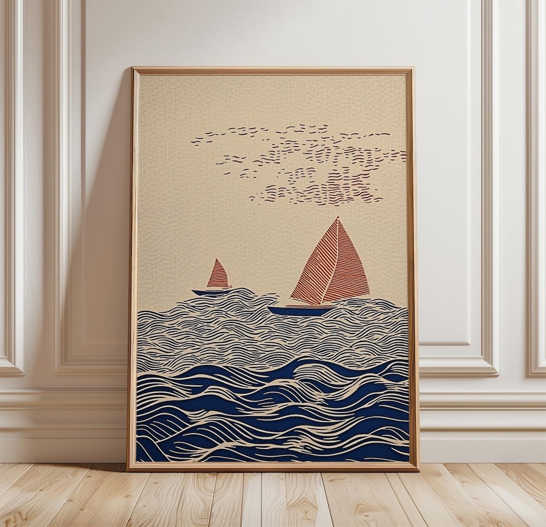 Sailboat Ocean Poster, Vintage Coastal Wall Art Print, Minimalist ...
